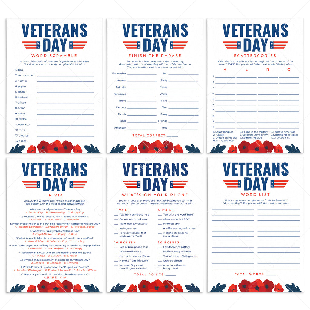Printable Veterans Day Games and Activities with Red Poppies | Download ...