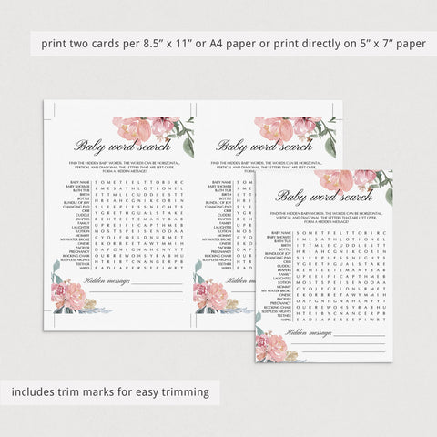 Pink Floral baby shower Word Search game printable | Instant download ...