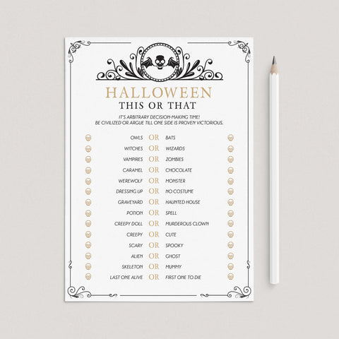 Adult Halloween Party Game This or That Printable | Black & Gold Skull ...