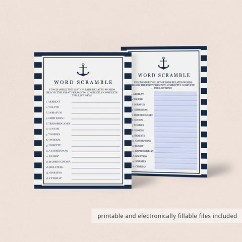 Nautical Baby Shower Word Scramble Game | Printable & Fillable PDF ...