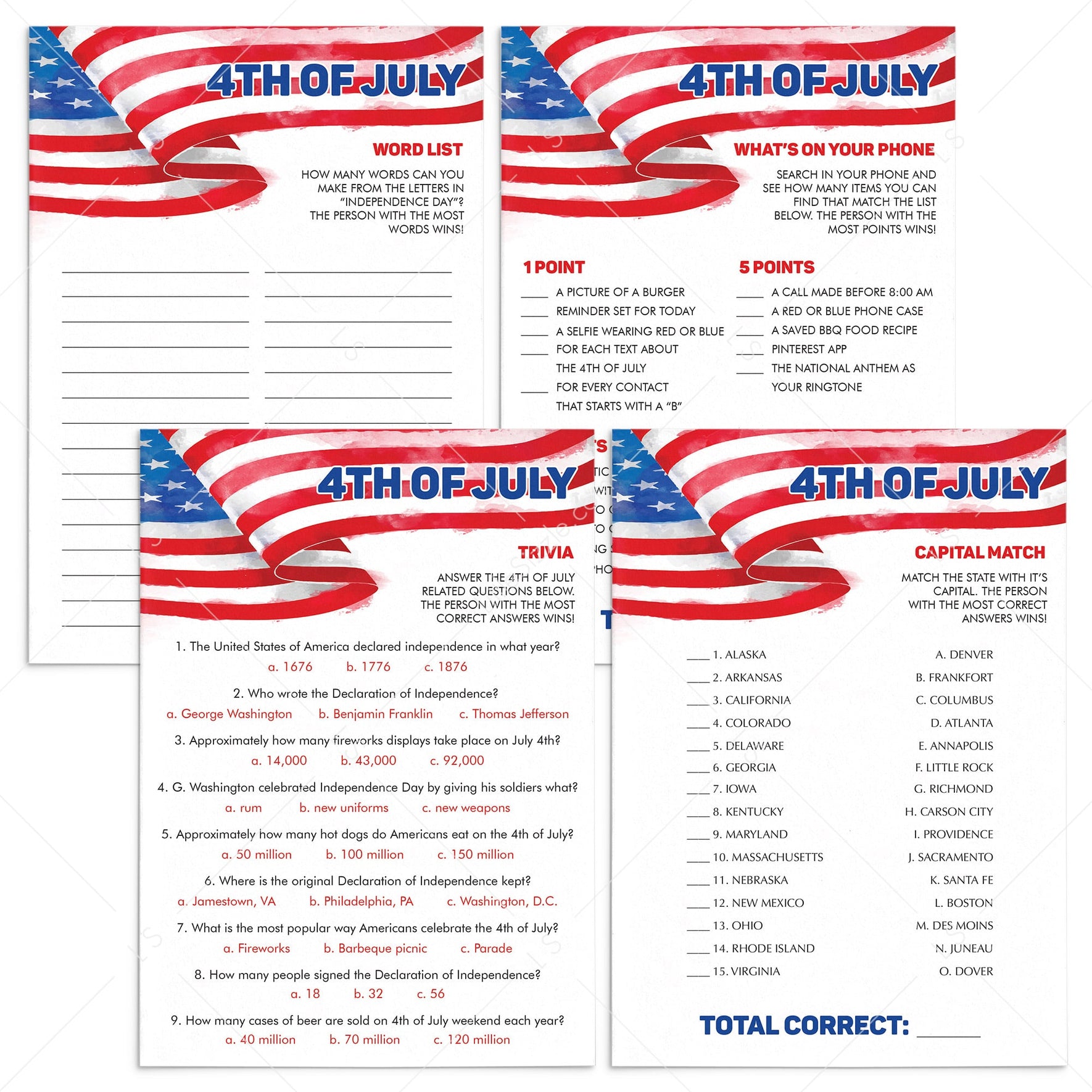 4th of July Games Printable & Virtual | Print at home or Play over Zoom ...