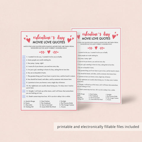 Valentine's Day Romantic Movie Quotes Game Instant Download | Virtual ...