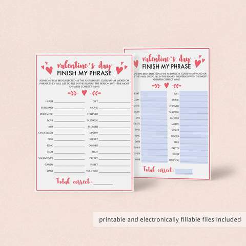 Valentine's Day Party Game Finish My Phrase | Printable & Virtual ...