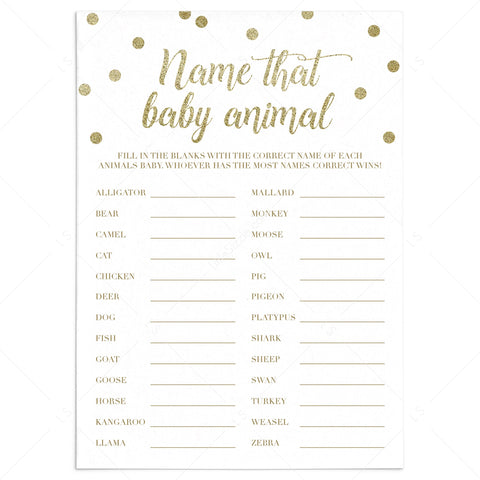Guess the Baby Animal baby shower game with Gold Confetti printable ...