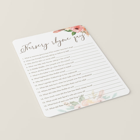 Watercolor Flowers baby shower Nursery Rhyme Quiz printable | Instant ...