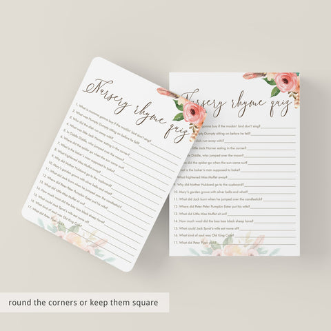 Watercolor Flowers baby shower Nursery Rhyme Quiz printable | Instant ...