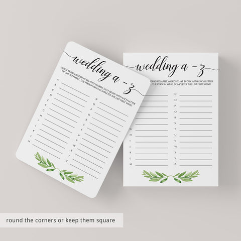Green Wedding A-Z Game for Bridal Shower Printable | Instant download ...