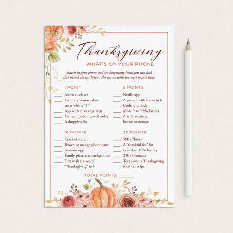 Friendsgiving Game What's On Your Phone Printable | Floral Pumpkin ...