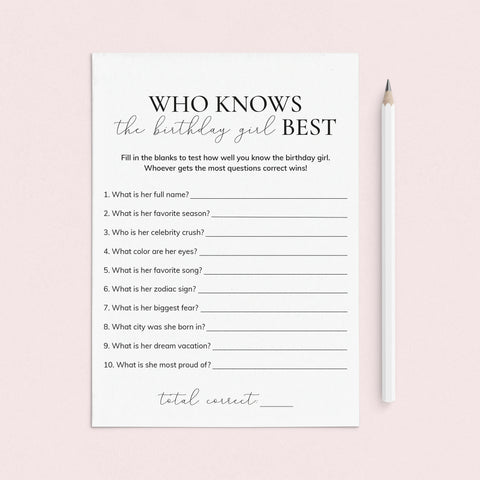 Printable Who Knows The Birthday Girl Best Quiz | Instant Download ...