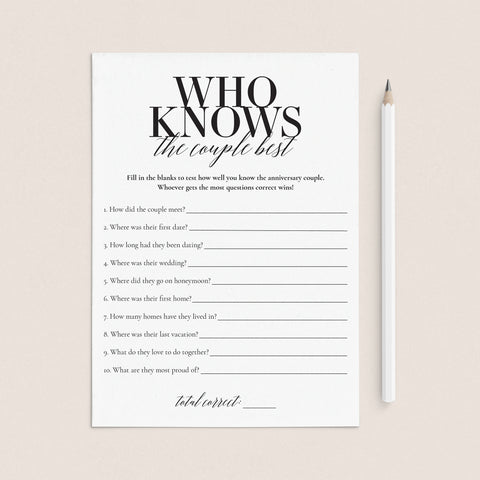 Anniversary Party Trivia Game Who Knows The Couple Best Printable ...
