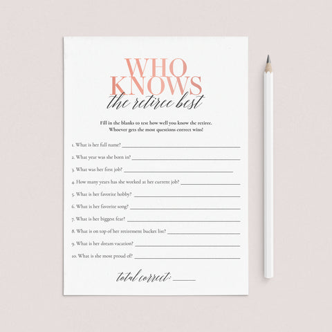 Who Knows The Retiree Best Retirement Party Game for Her Printable ...