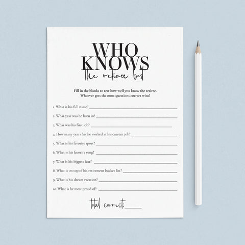 Who Knows The Retiree Best | Men's Retirement Party Game Printable ...