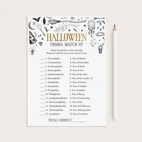 Halloween Phobia Matching Game with Answers Printable – LittleSizzle