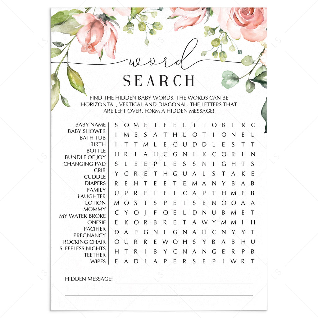 Printable Word Search game for floral baby shower | Instant download ...