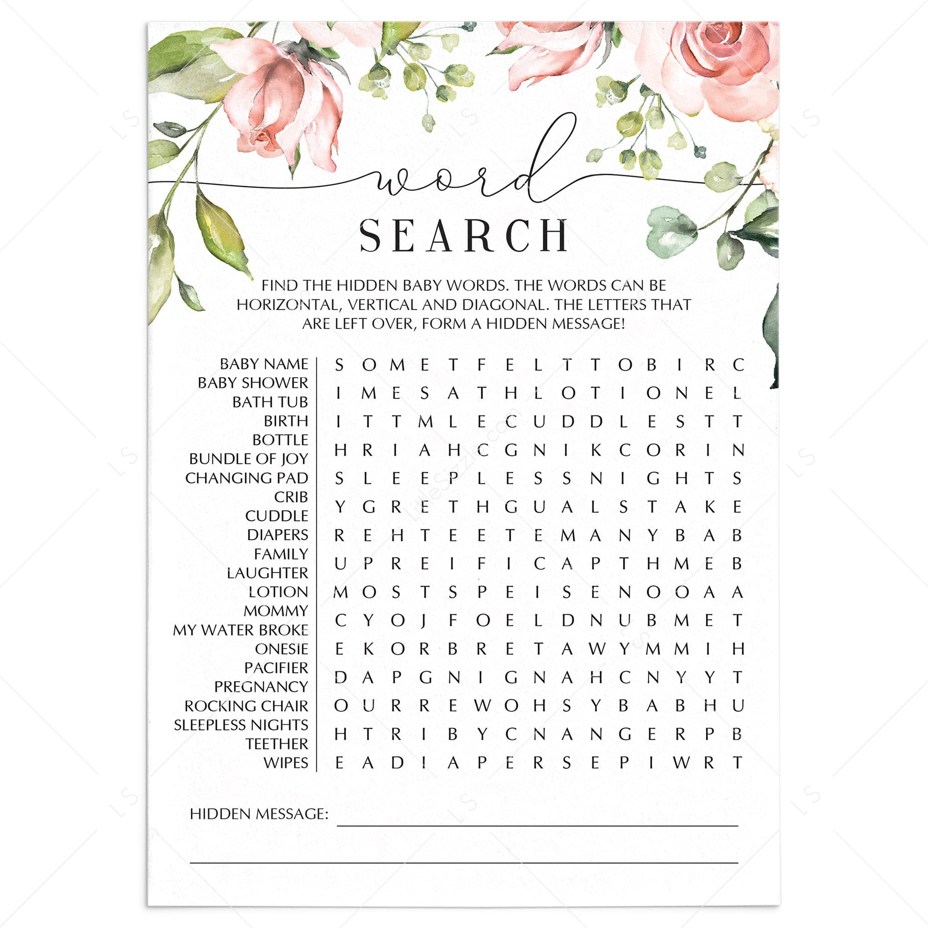 Word Search Baby Shower Games With Hidden Message | Instant download ...