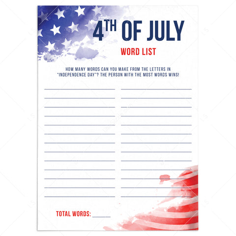 Independence Day Word Game Printable | USA Party Games for Family ...