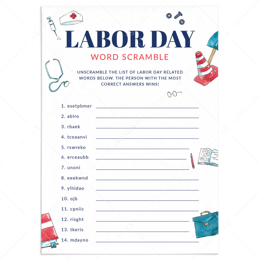 Labor Day Word Scramble with Answer Key Printable – LittleSizzle