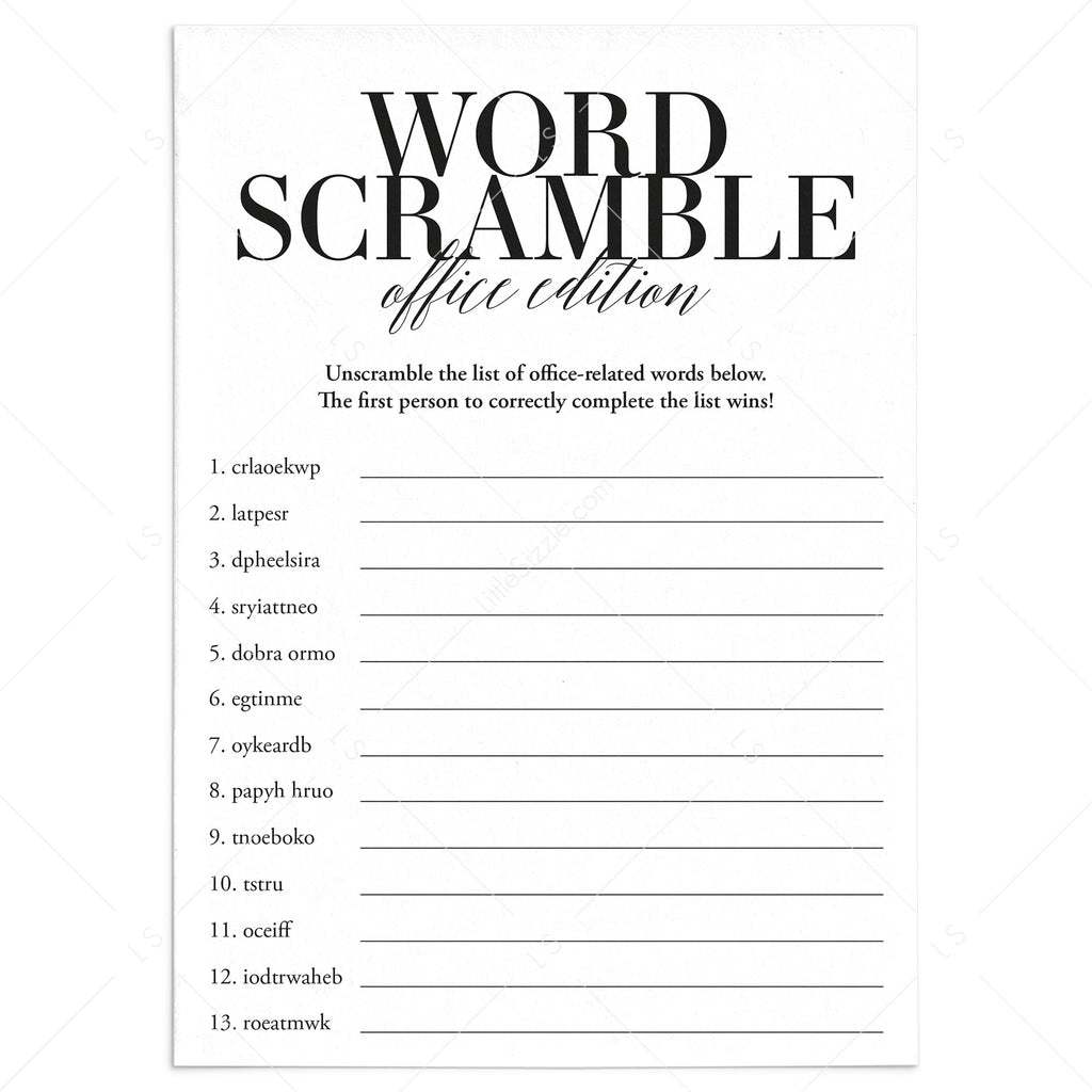 Office Word Scramble Game With Answer Key Printable | Office Party ...