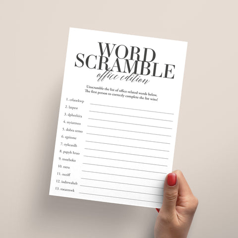 Office Word Scramble Game With Answer Key Printable | Office Party ...