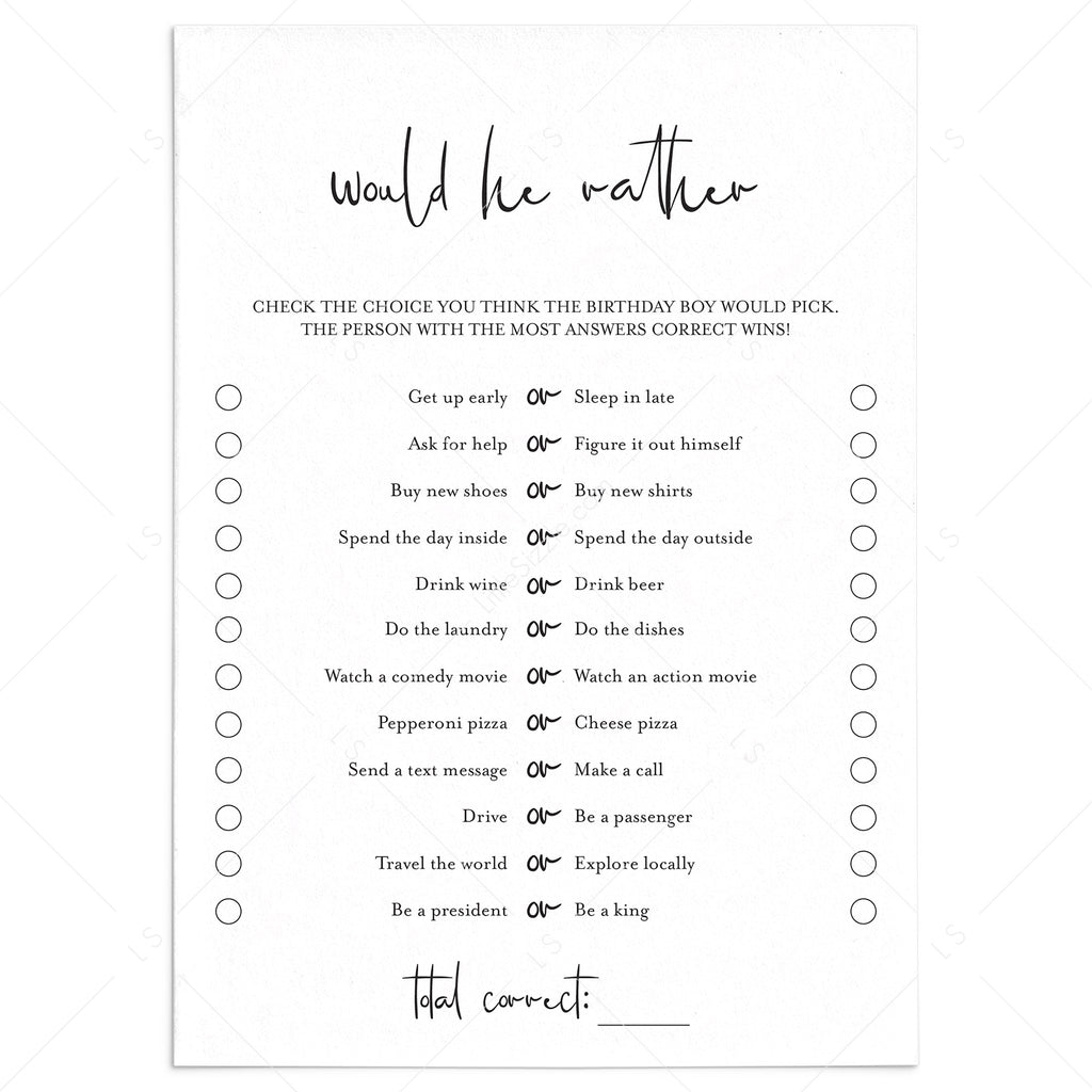 Would He Rather Birthday Party Game for Him | Instant Download ...