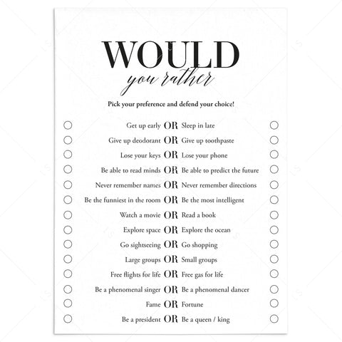 Would You Rather Icebreaker Game Printable | 14 This or That Questions ...