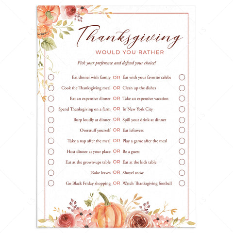Fun Thanksgiving Would You Rather Questions Printable | Download ...
