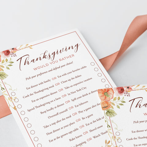 Fun Thanksgiving Would You Rather Questions Printable | Download ...