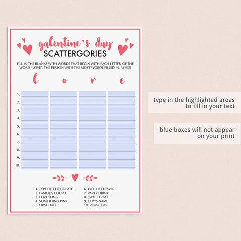 Printable and Virtual Scattergories Game for Galentine's Day Party ...