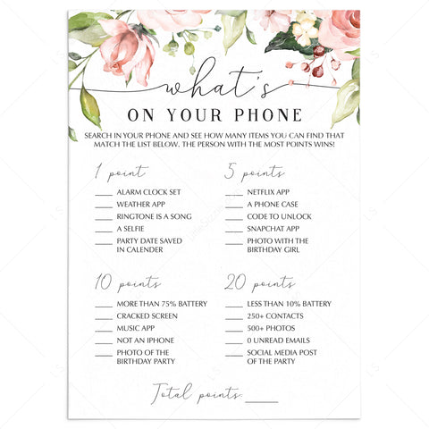 Blush Floral Birthday What's On Your Phone Game Printable – LittleSizzle