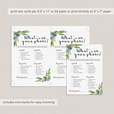 Whats On Your Phone Birthday Game Printable | Eucalyptus Greenery ...