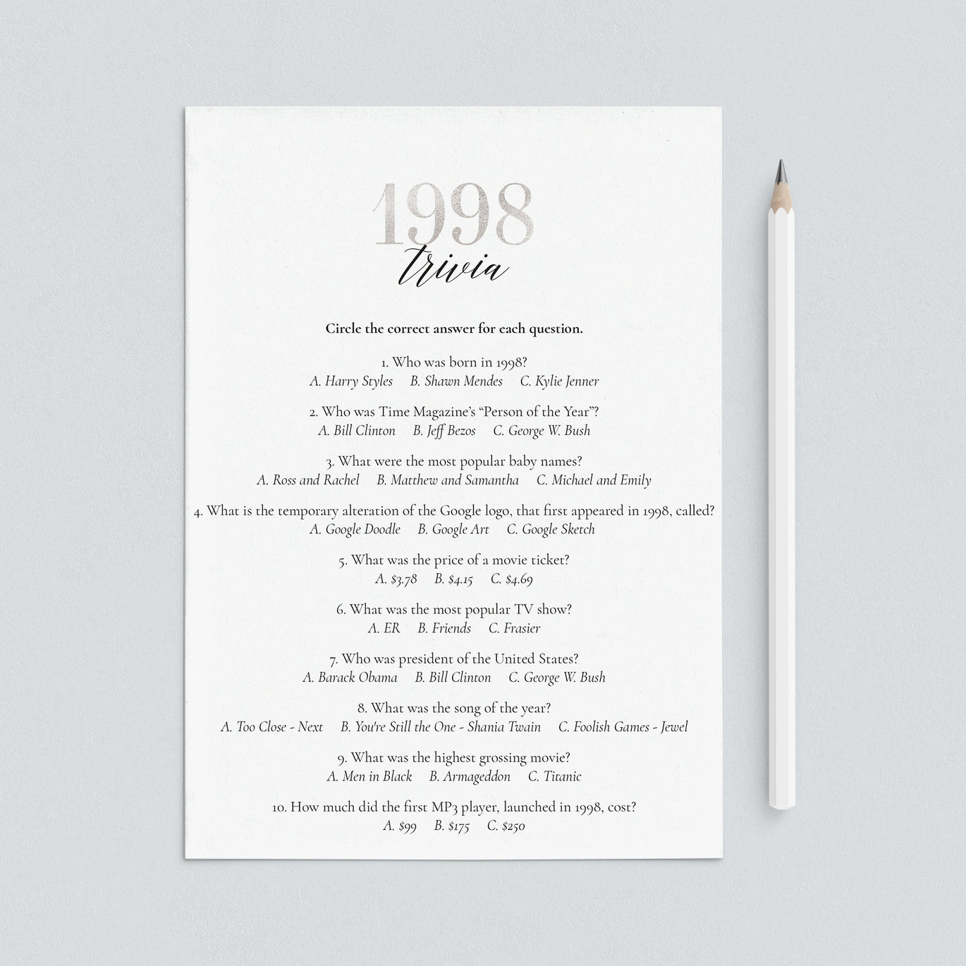 Pop Culture Trivia Games Printable 1953 | 1963 | 1973 | 1983 | 1993 ...