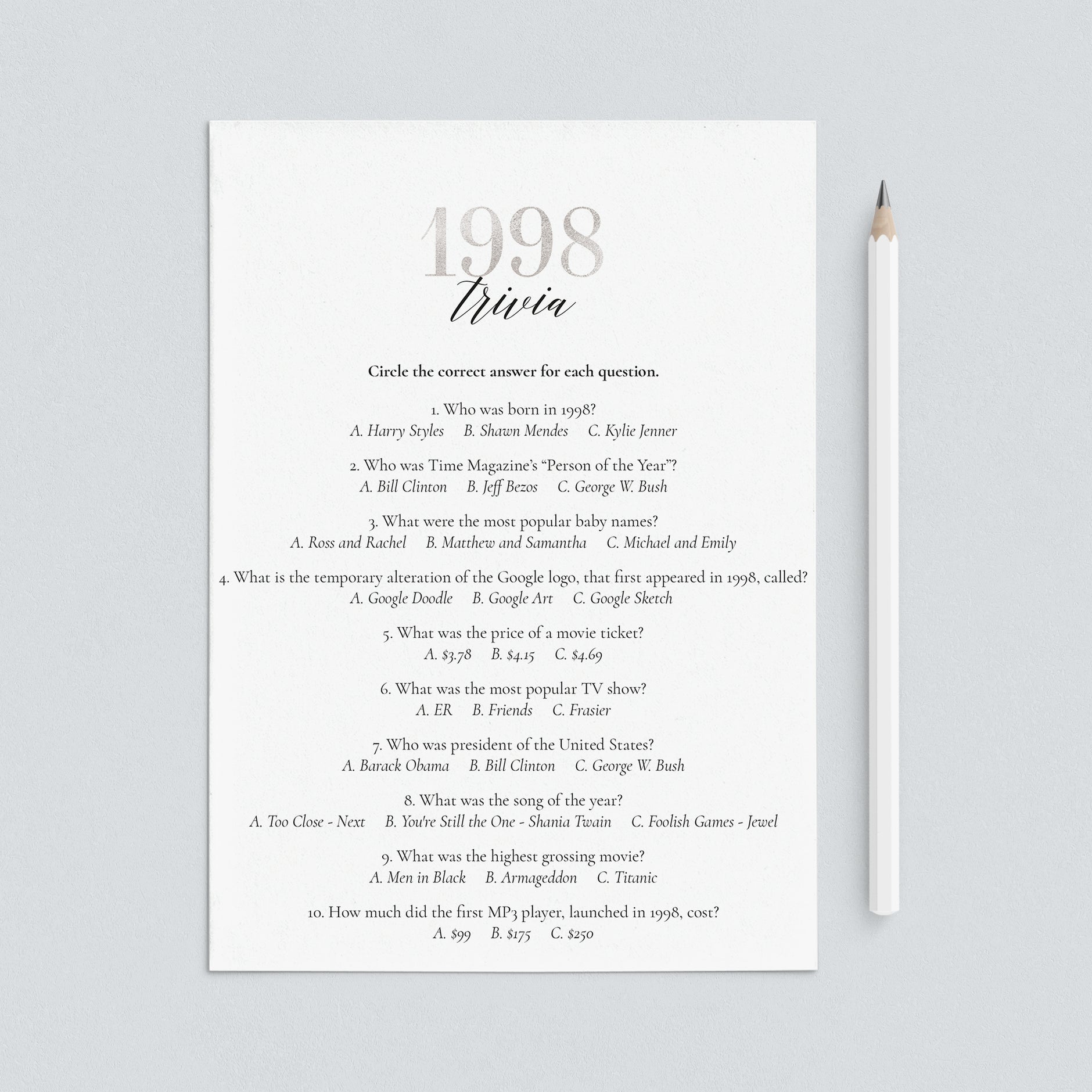 Pop Culture Trivia Games Printable 1953 | 1963 | 1973 | 1983 | 1993 ...