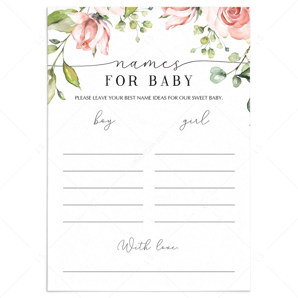 Names for Baby printable cards with Blush Flowers | Instant download ...