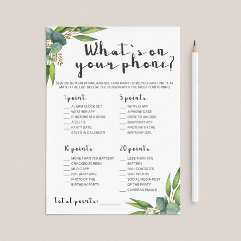 Whats On Your Phone Birthday Game Printable | Eucalyptus Greenery ...