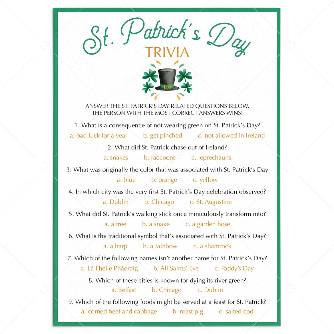 St Patrick's Day Trivia Quiz Questions and Answers Printable Games ...