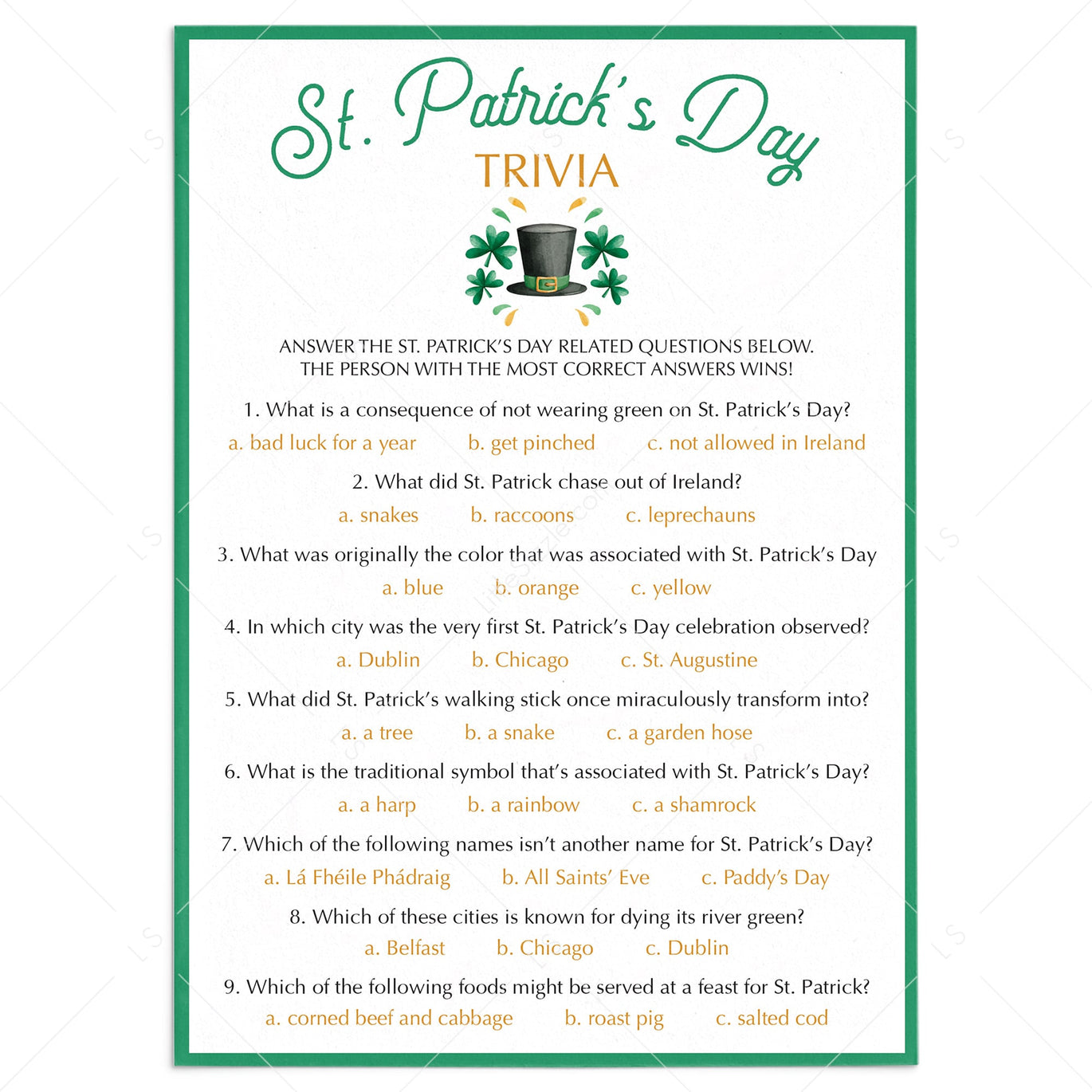 St Patrick's Day Trivia Quiz Questions and Answers Printable Games ...