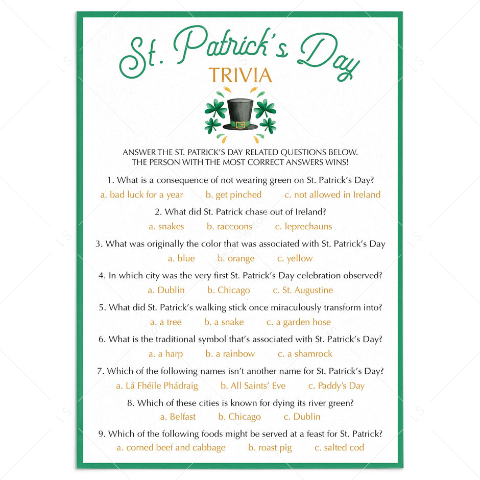 St Patrick's Day Trivia Quiz Questions and Answers Printable Games ...