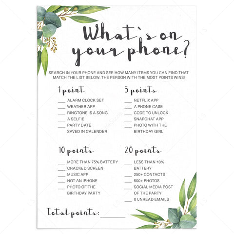 Whats On Your Phone Birthday Game Printable | Eucalyptus Greenery ...